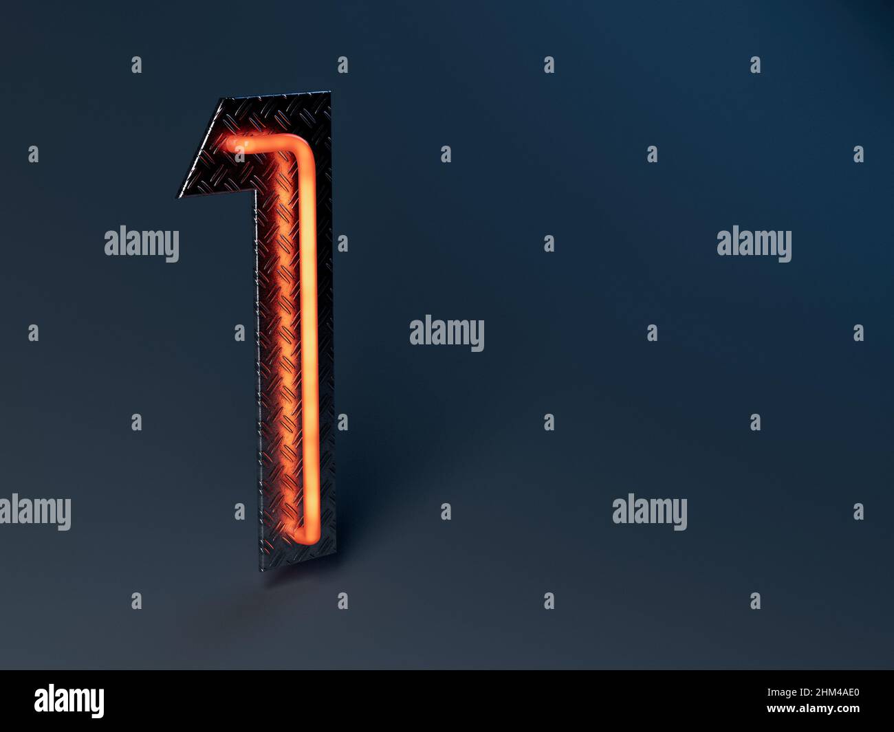 An illuminated orange number one mounted on a shiny metal treadplate ...