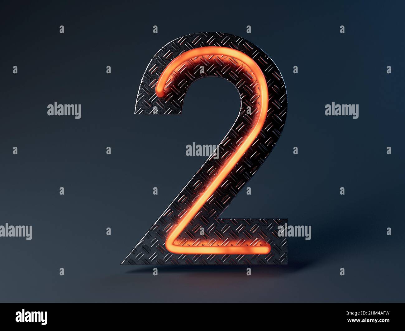 An illuminated orange number two mounted on a shiny metal treadplate ...