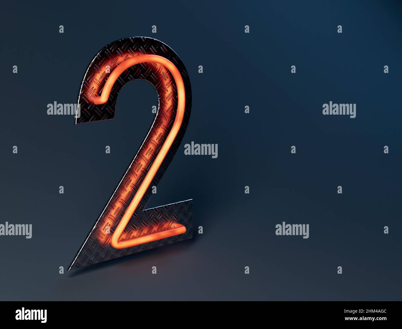 An illuminated orange number two mounted on a shiny metal treadplate ...