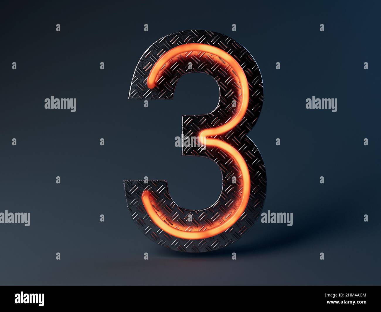 An illuminated orange number three mounted on a shiny metal treadplate ...