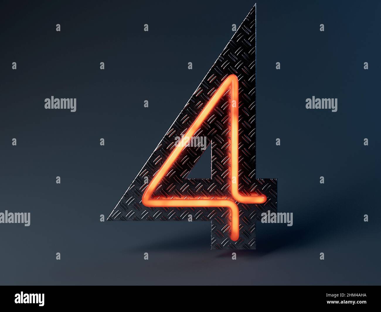 An illuminated orange number four mounted on a shiny metal treadplate ...