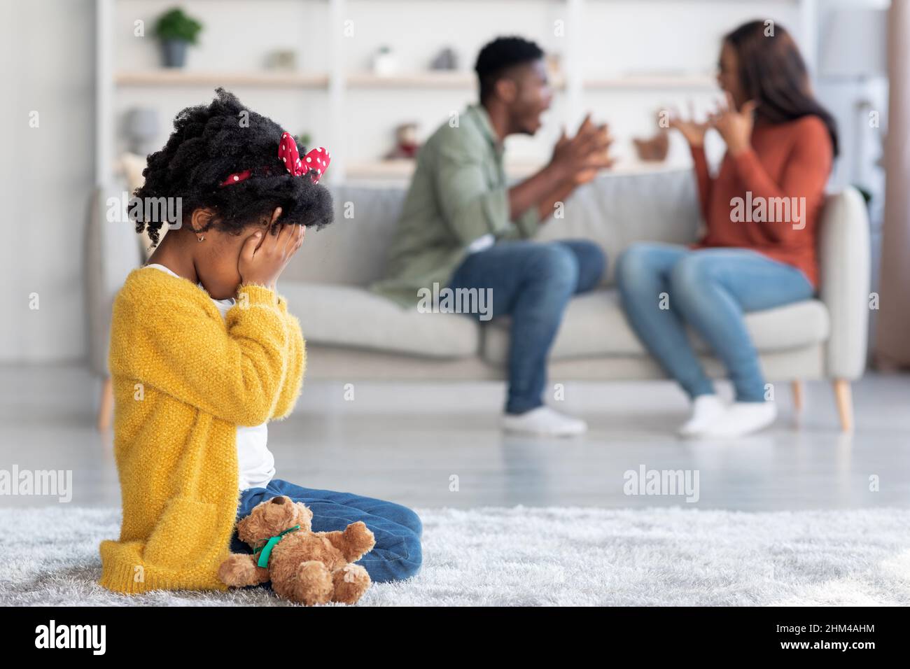 Kids And Domestic Conflicts. Little African American Girl Crying While ...