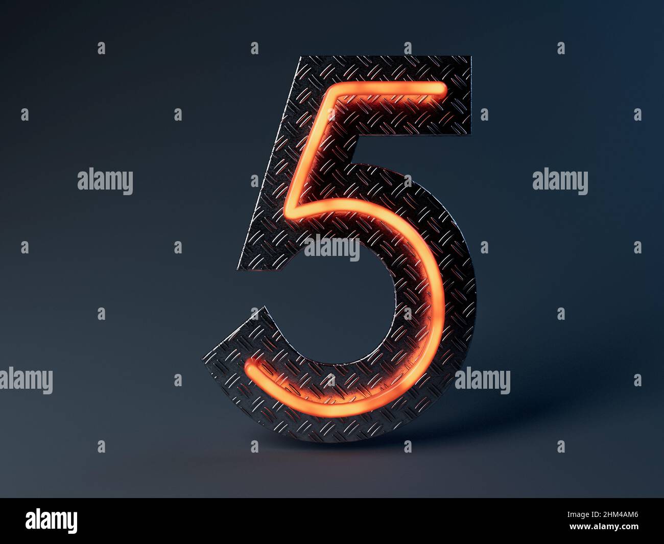 An illuminated orange number five mounted on a shiny metal treadplate ...