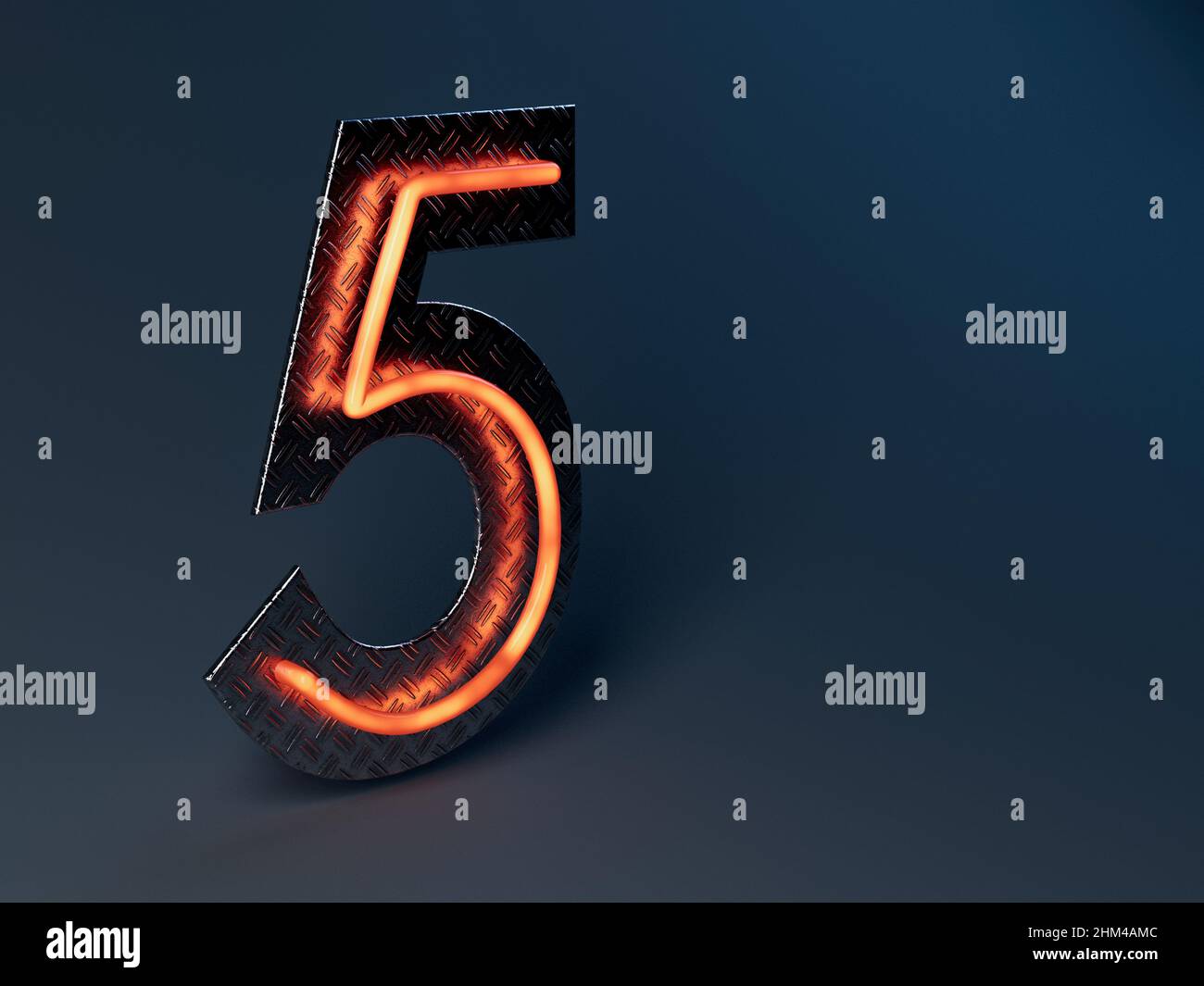 An illuminated orange number five mounted on a shiny metal treadplate ...