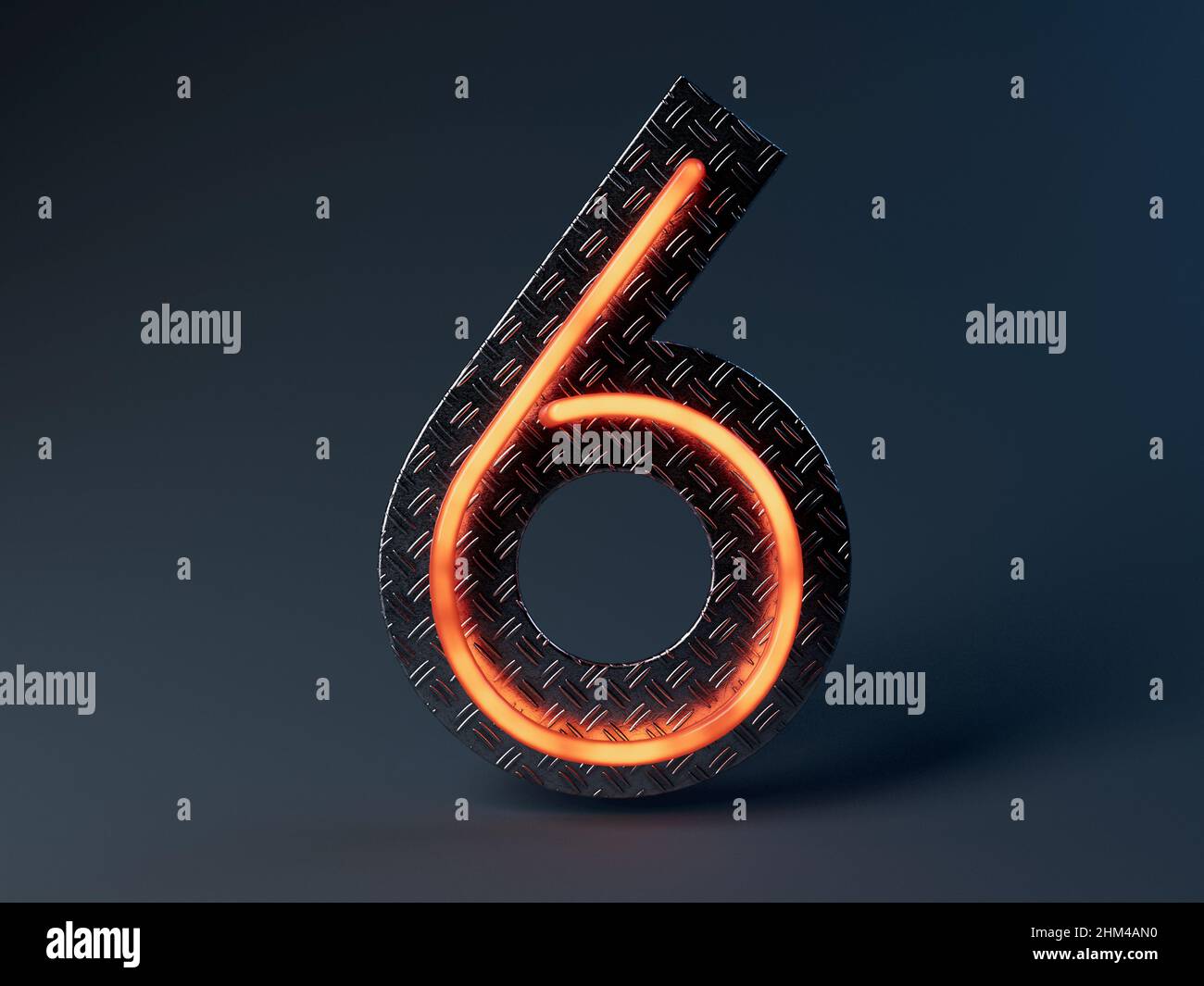 An illuminated orange number six mounted on a shiny metal treadplate ...