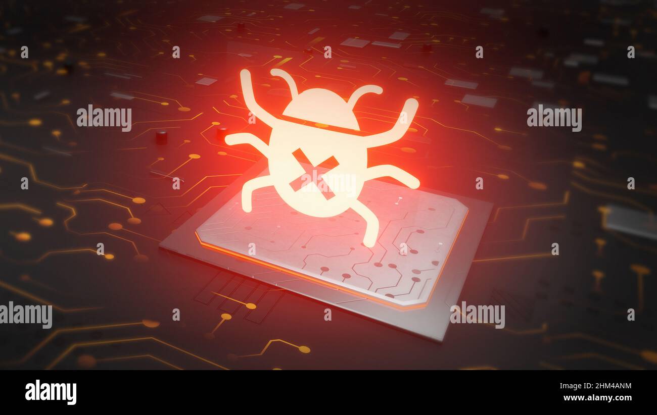 red glowing computer bug on infected chip in cyberspace 3d render Stock ...