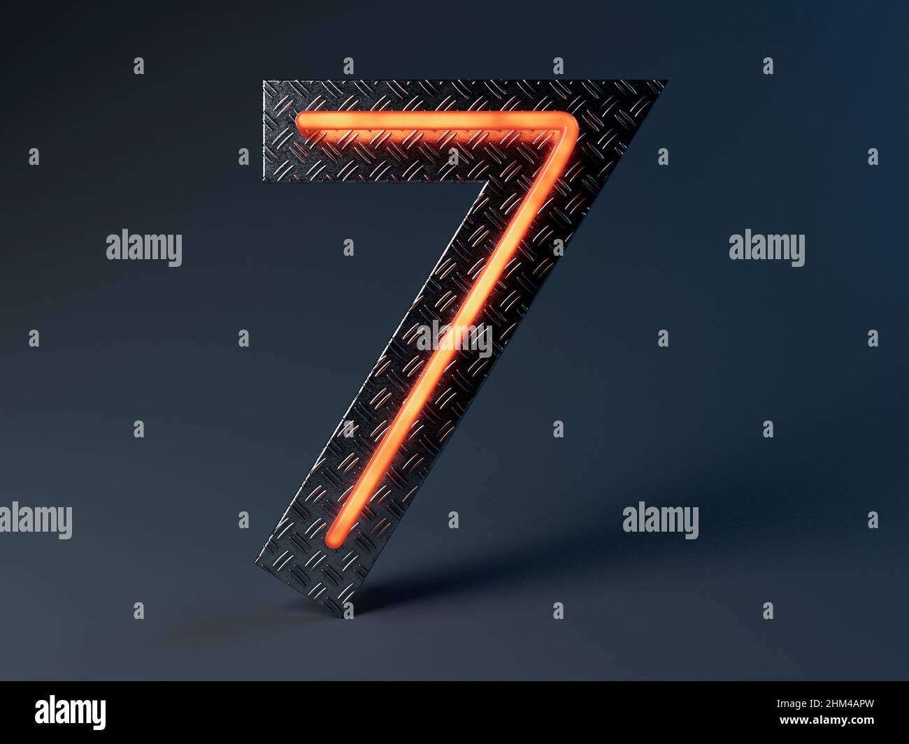 An illuminated orange number seven mounted on a shiny metal treadplate ...