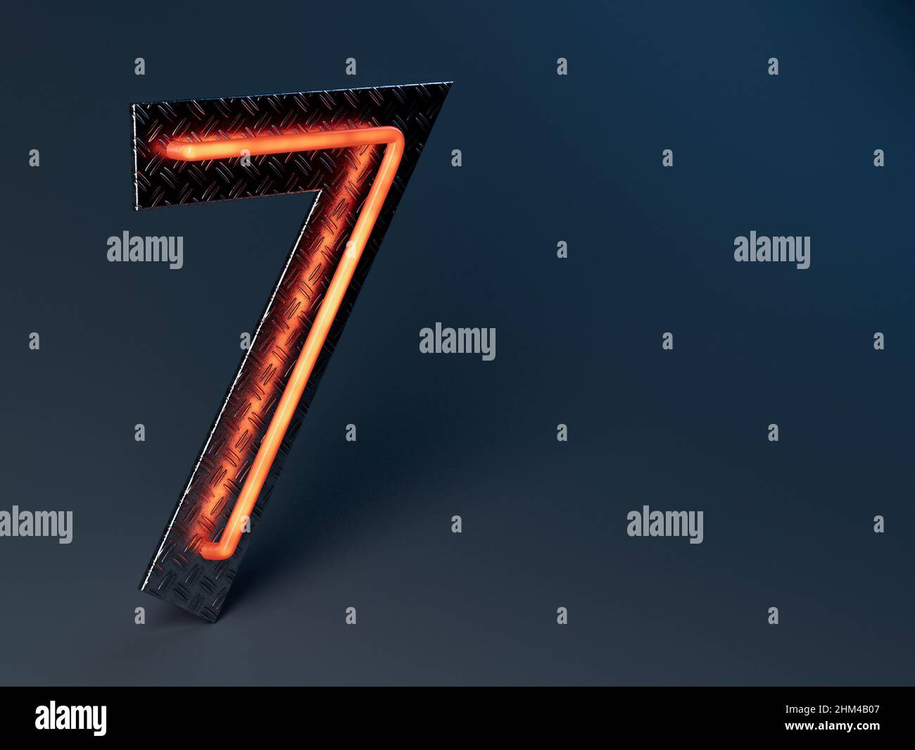 An illuminated orange number seven mounted on a shiny metal treadplate ...