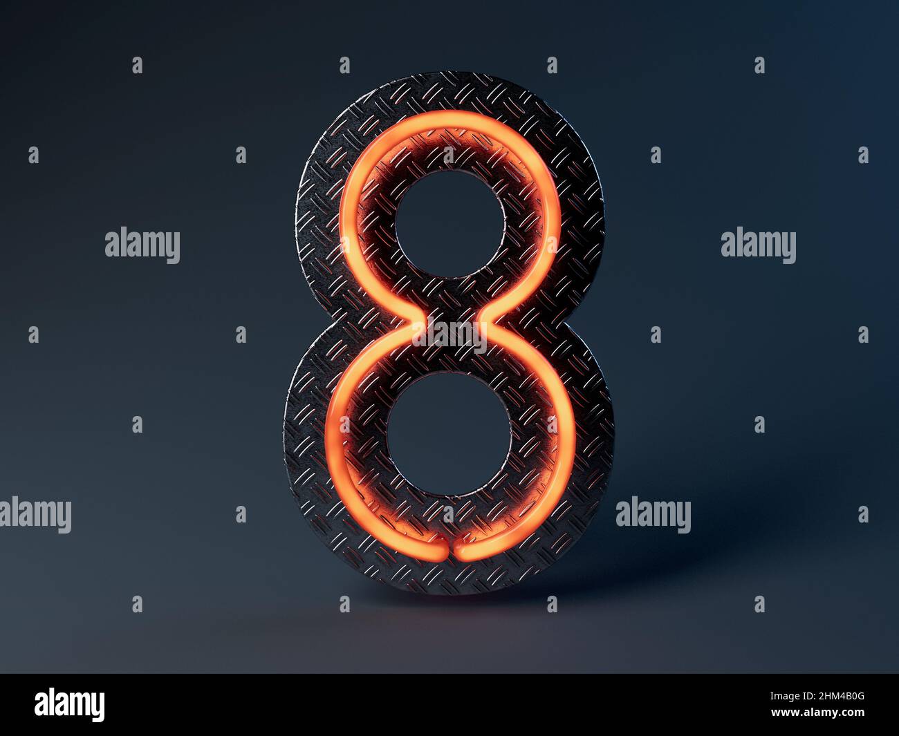 An illuminated orange number eight mounted on a shiny metal treadplate ...