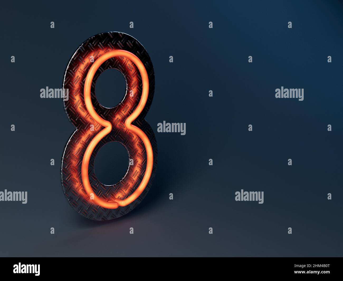 An illuminated orange number eight mounted on a shiny metal treadplate ...