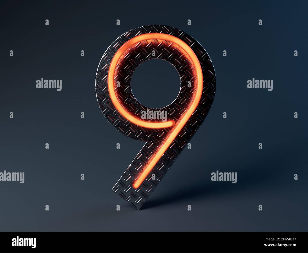 An illuminated orange number nine mounted on a shiny metal treadplate ...