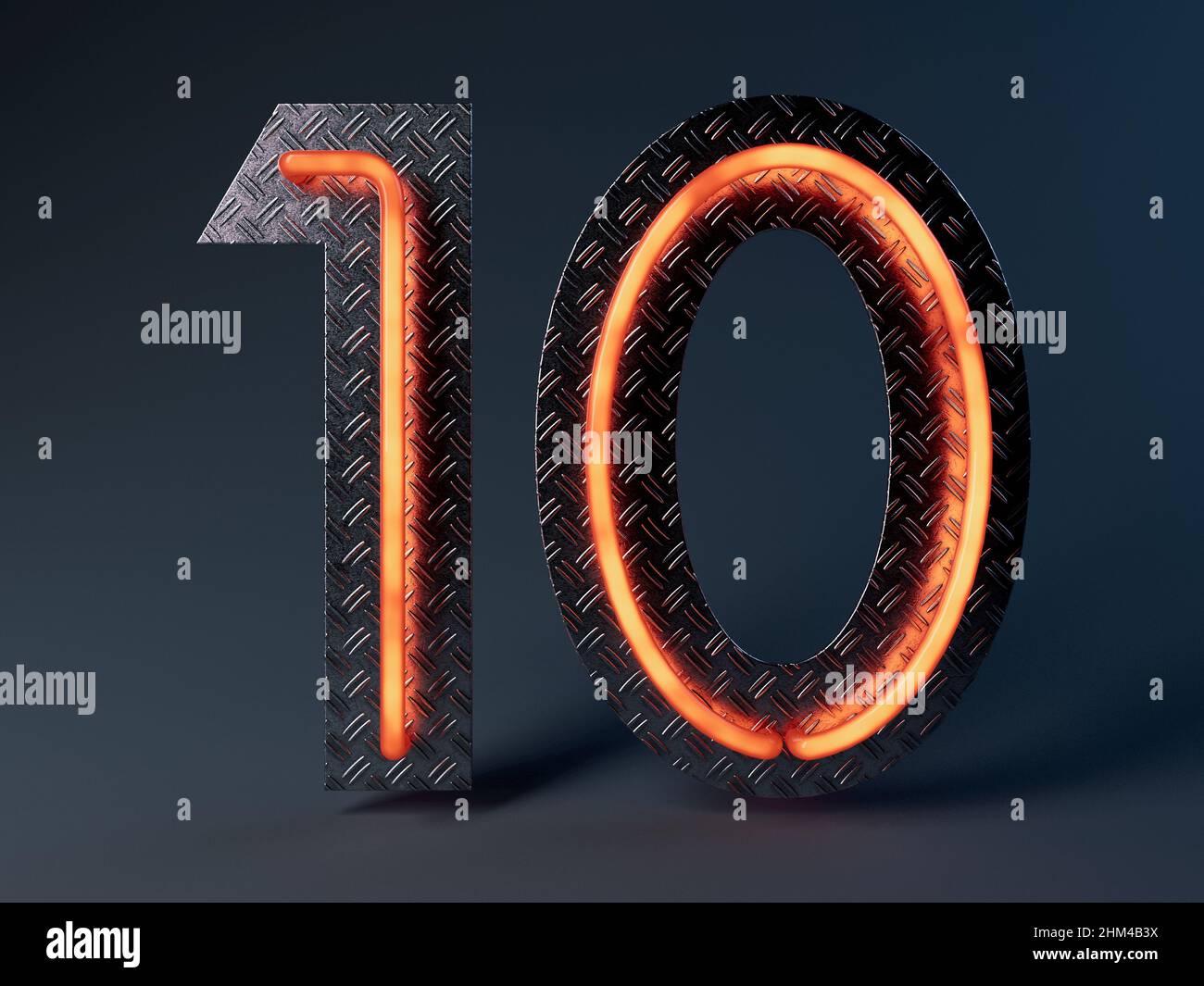 An illuminated orange number ten mounted on a shiny metal treadplate ...