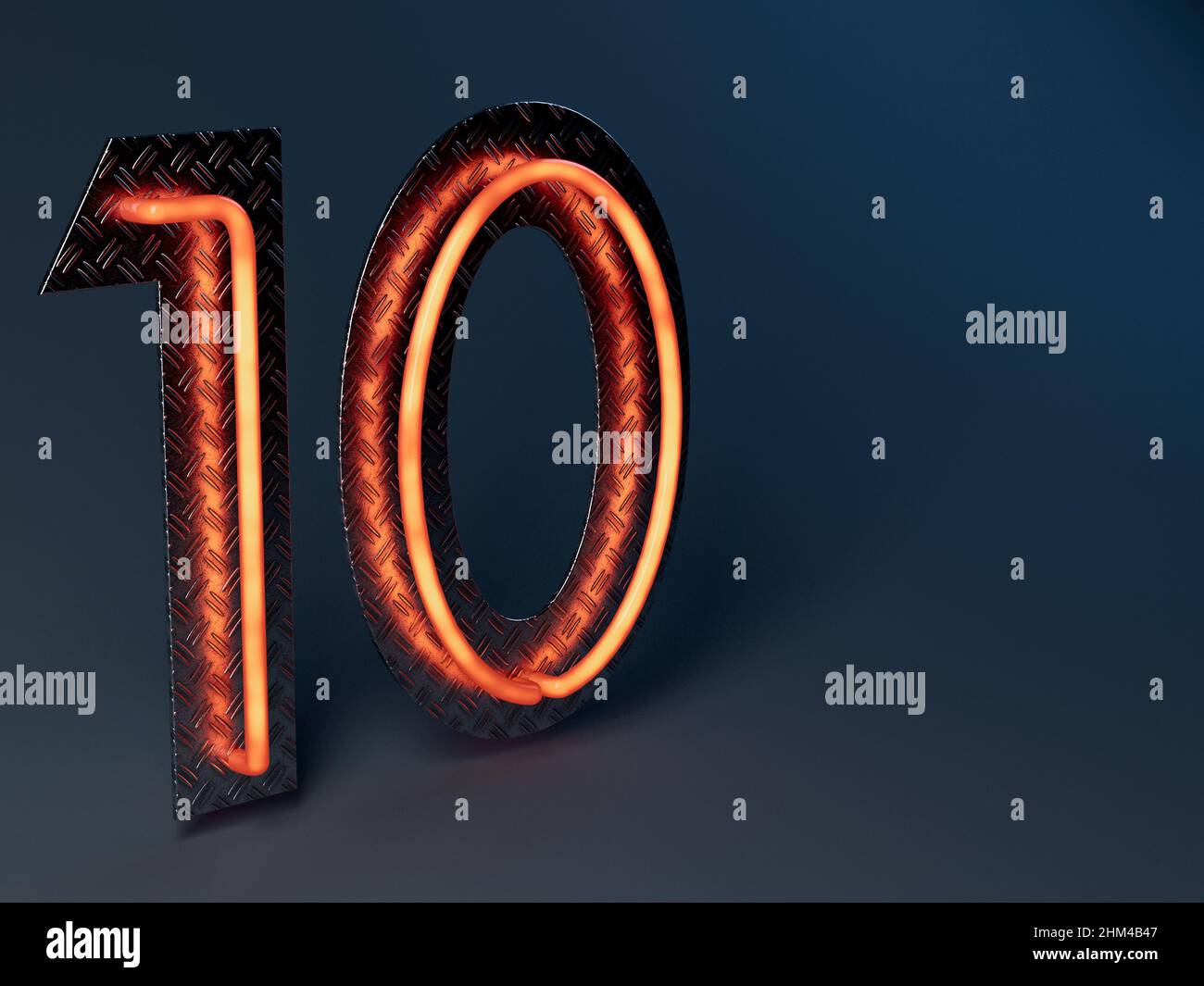 An illuminated orange number ten mounted on a shiny metal treadplate ...