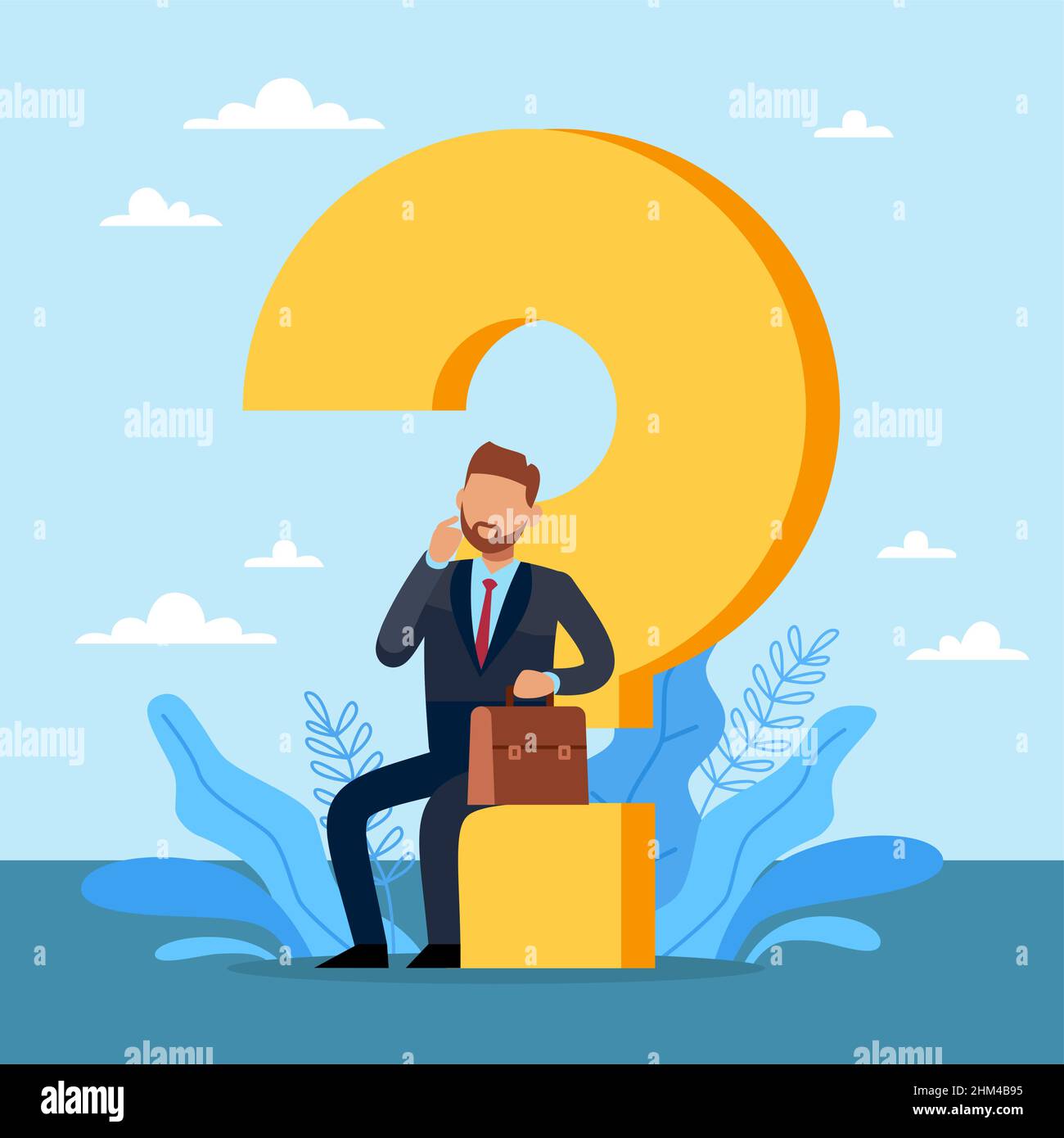 Reflections, question mark. Confused businessman sitting on huge sign ...