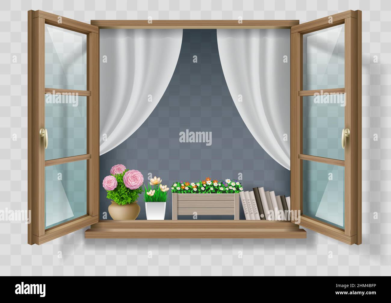 Brown Classic wooden open window with transparent glass. Vector ...
