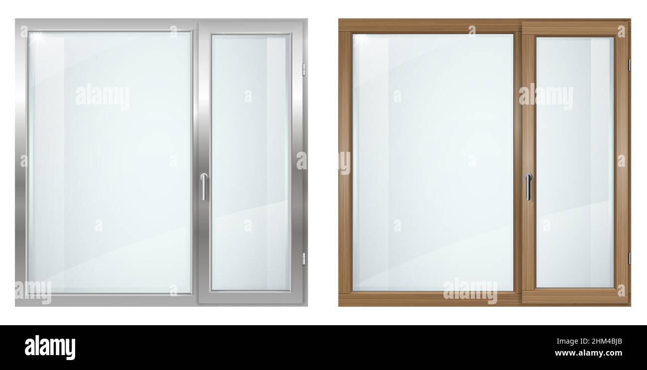 Modern wooden and gray plastic wide window with a transparency effect ...