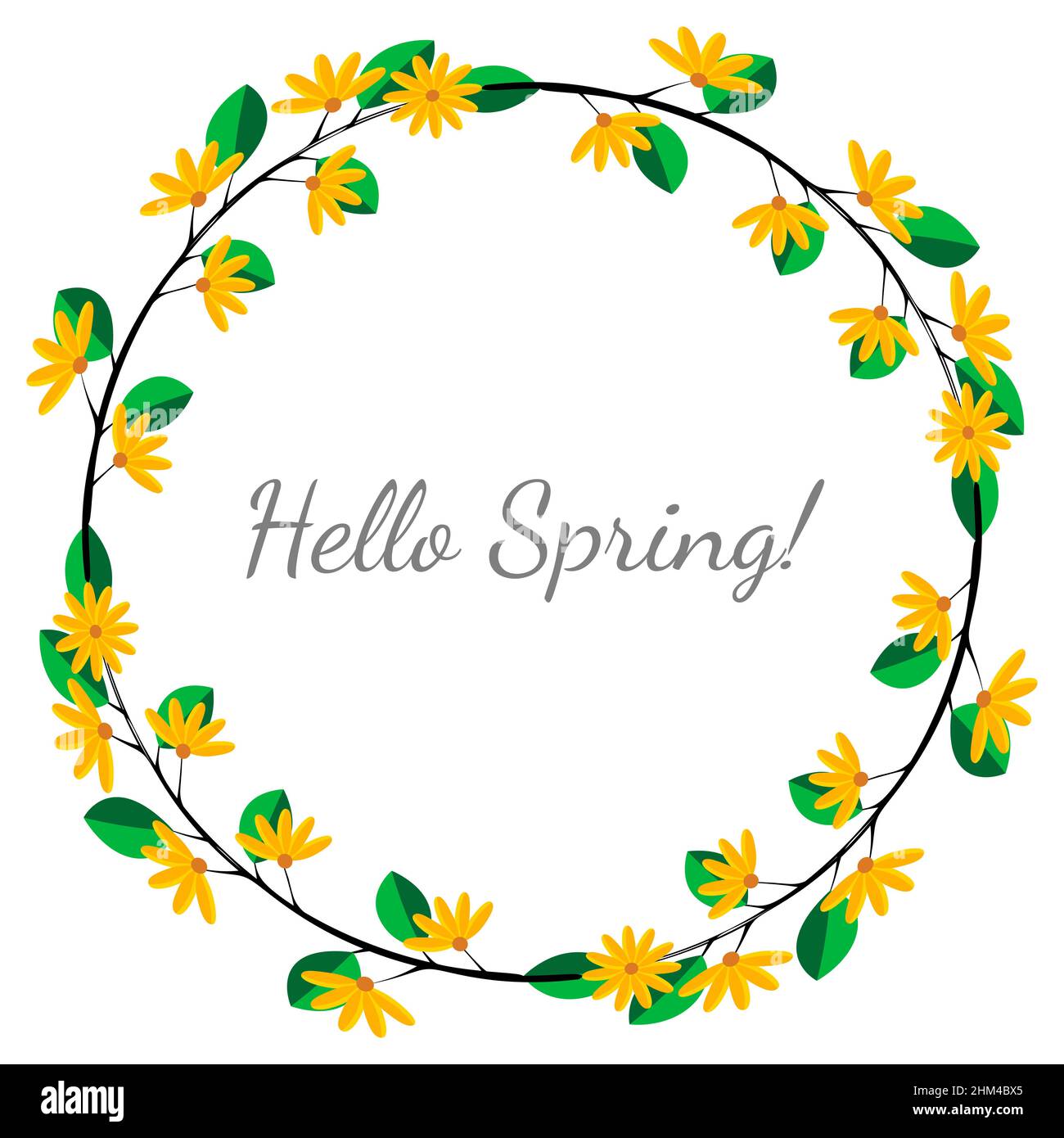 Round frame from spring yellow flowers and leaves. For postcards ...