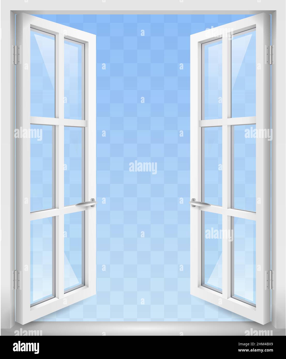 White Classic wooden open door or window with transparent glass. Vector ...