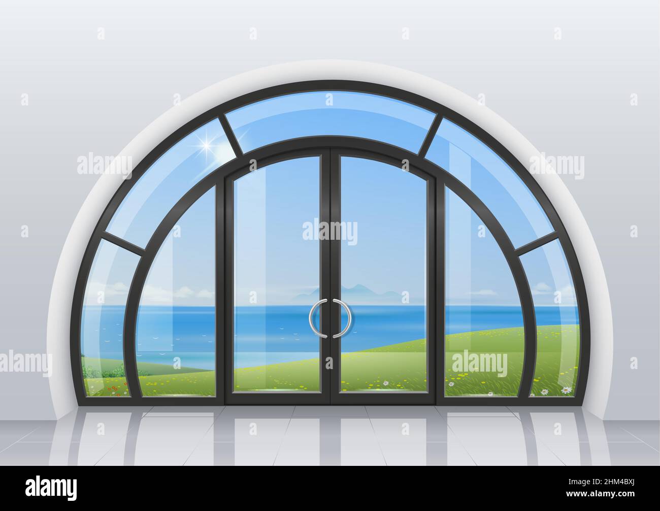 A large arched door with a window. Entrance to the building. Vector ...