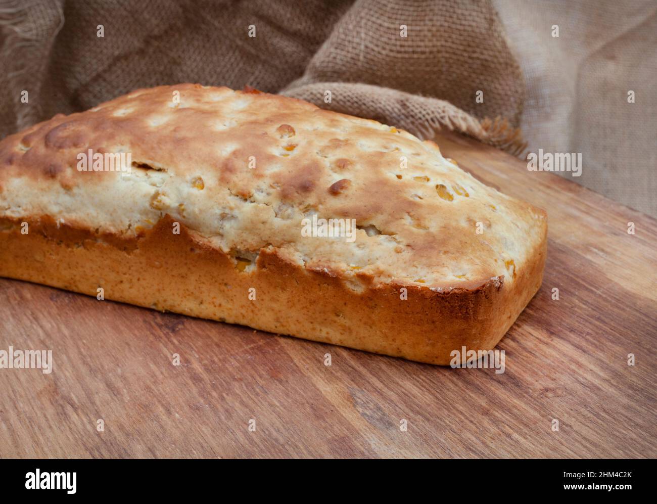 Mielie bread, a South African bread with whole sweetcorn on rustic farm ...