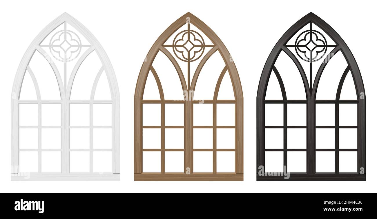 Realistic Gothic medieval stained glass window and stone arch with a ...