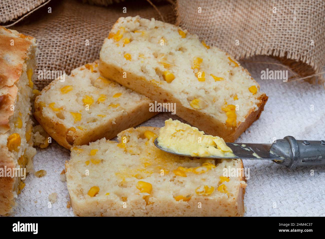 Mielie bread, a South African bread with whole sweetcorn on rustic farm ...