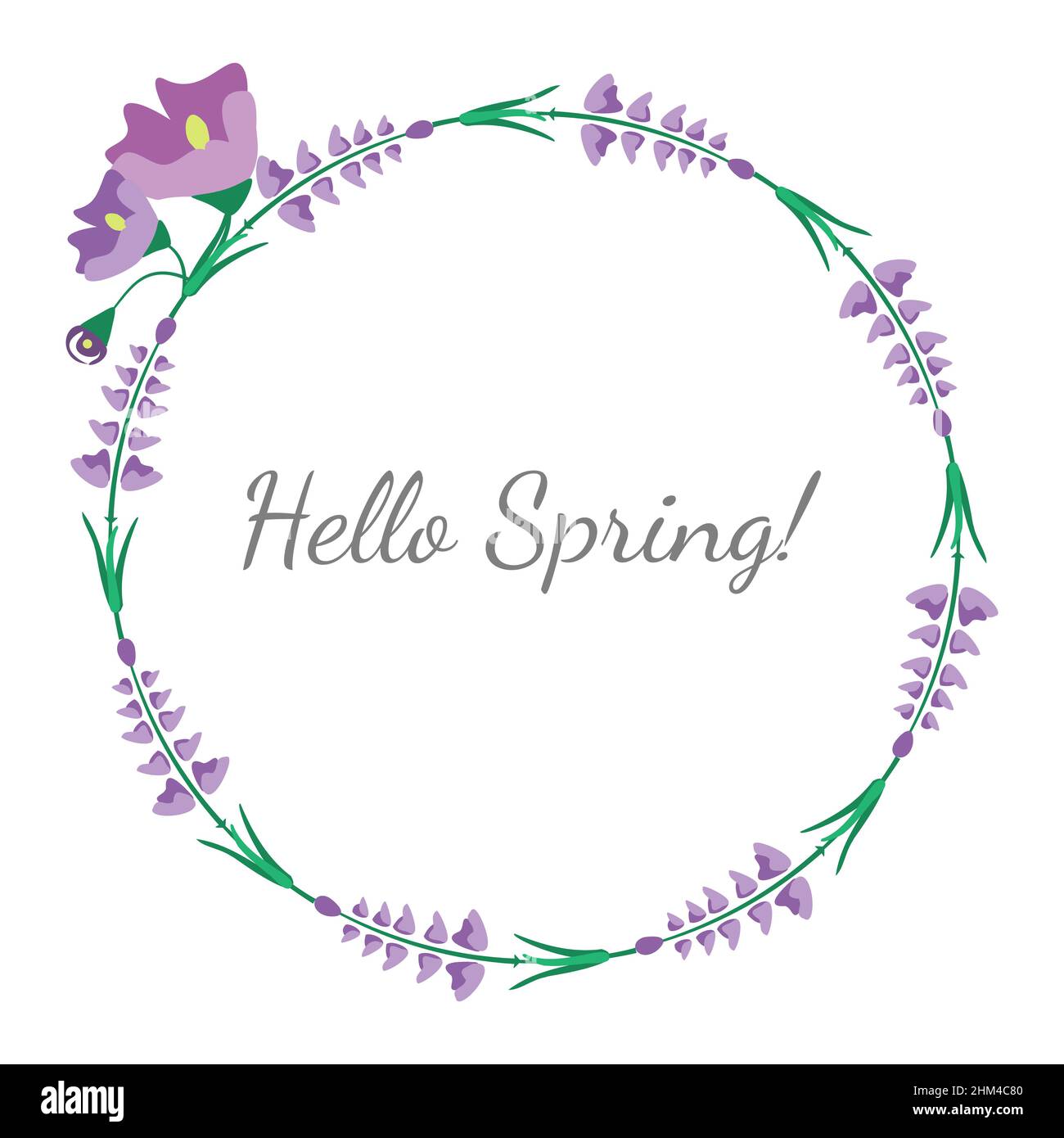 Round frame made of spring blue flowers and leaves. For postcards ...