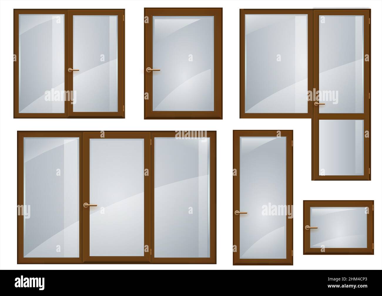 A set of brown plastic windows. Vector graphics. Transparency of glass ...