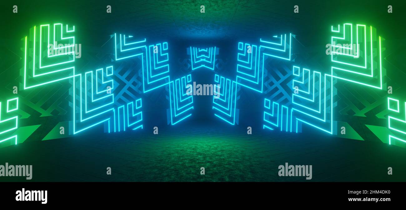 Background of an empty room illuminated by green neon light, laser ...