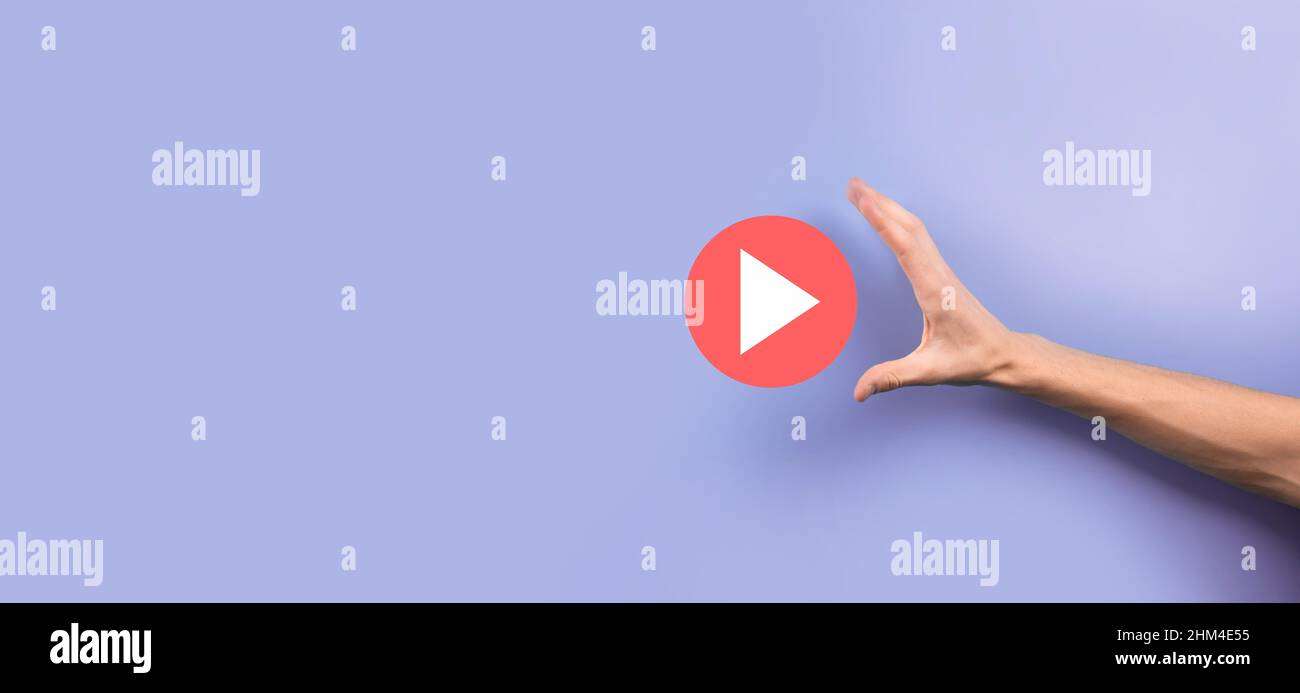 Businessman pressing, hold play button sign to start or initiate ...