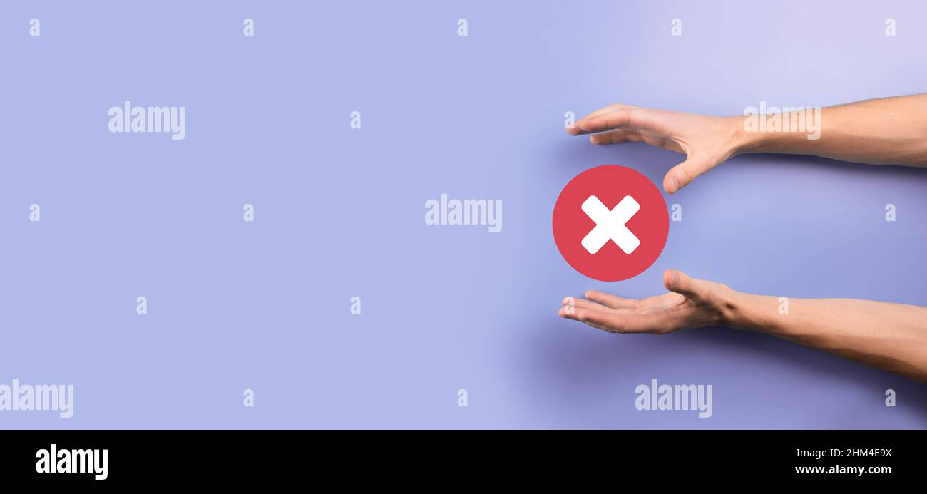 Hand holds icon,cancellation symbol,cancel icon.Cross mark flat red ...