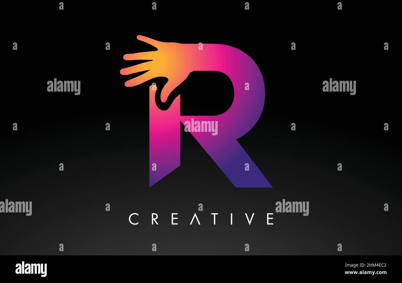 Purple Letter R Logo with Hand Vector Icon Illustration. Creative Hand ...