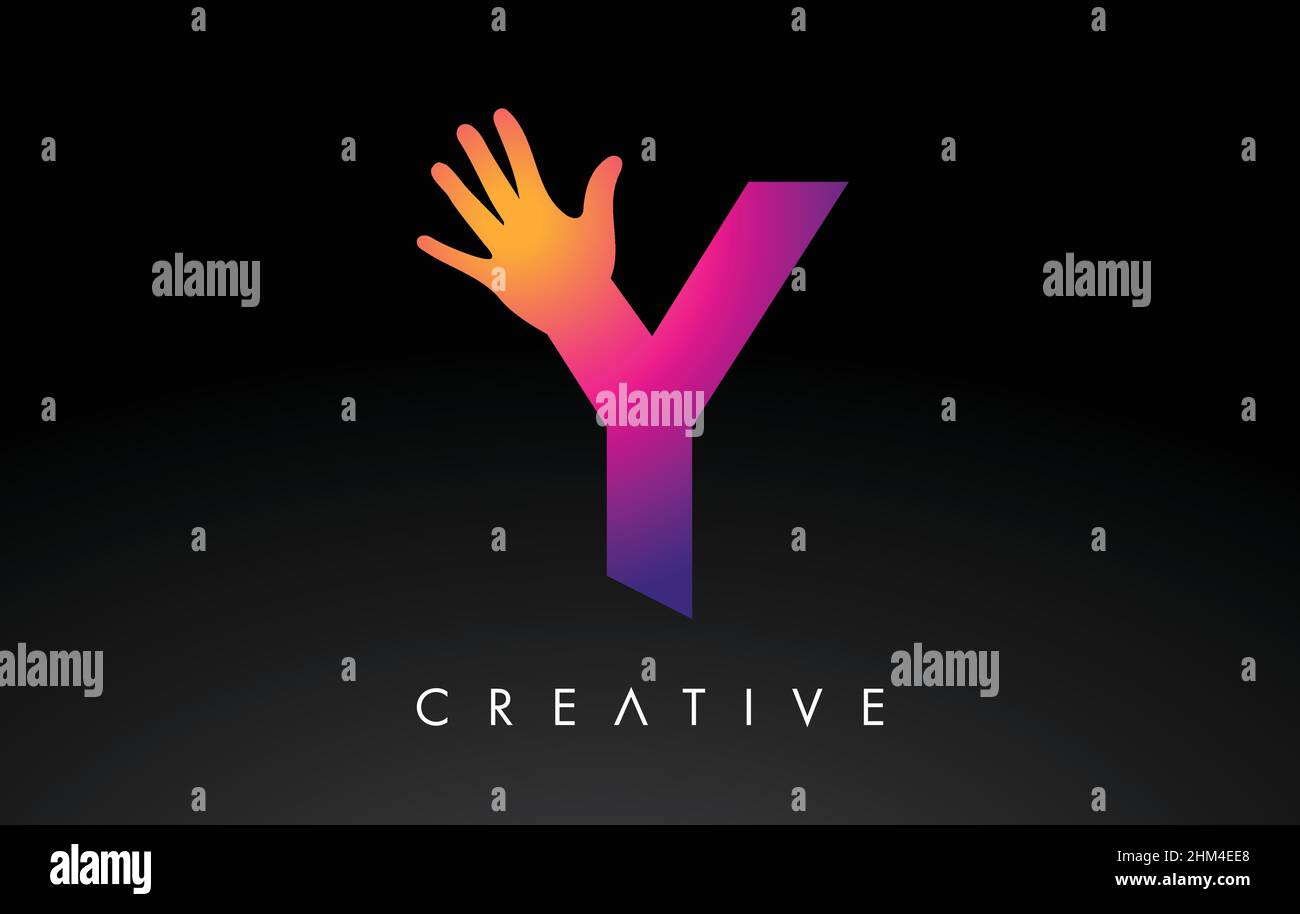 Purple Letter Y Logo with Hand Vector Icon Illustration. Creative Hand ...