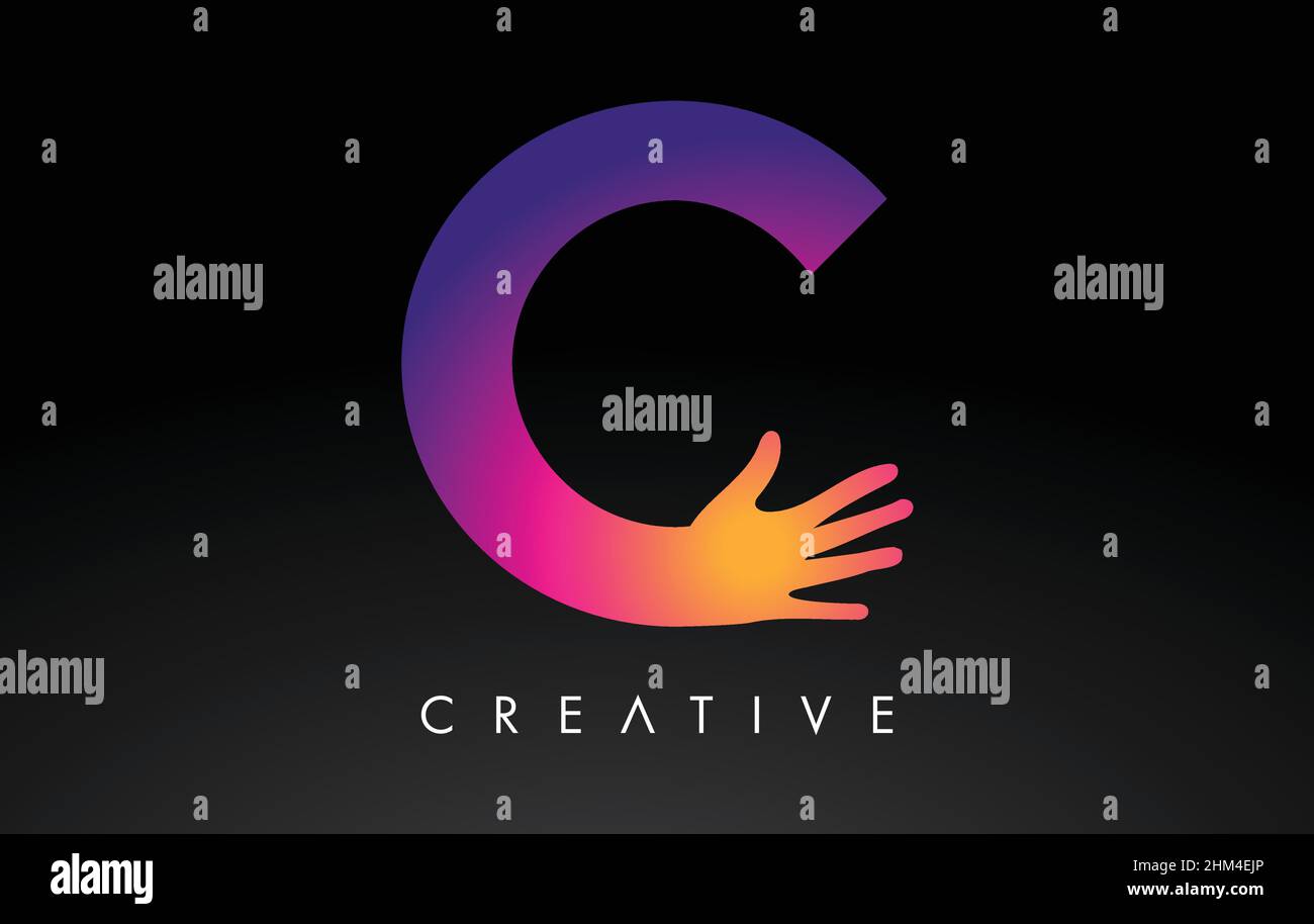 Purple Letter C Logo with Hand Vector Icon Illustration. Creative Hand ...
