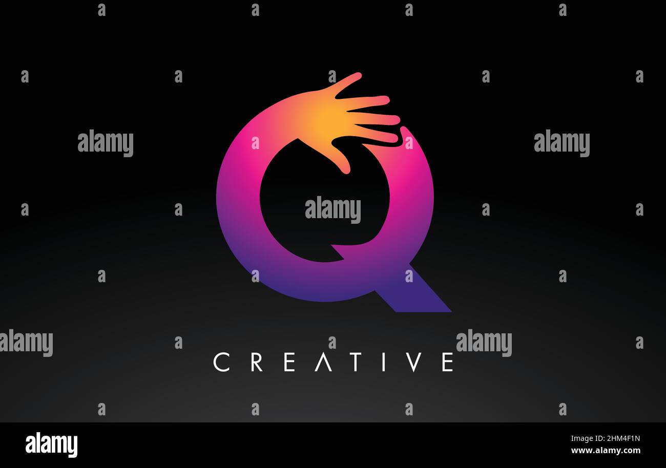 Purple Letter Q Logo with Hand Vector Icon Illustration. Creative Hand ...