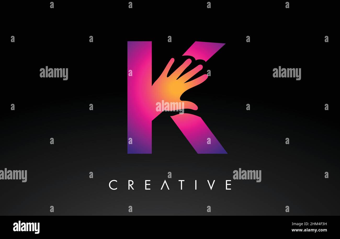 Purple Letter K Logo with Hand Vector Icon Illustration. Creative Hand ...