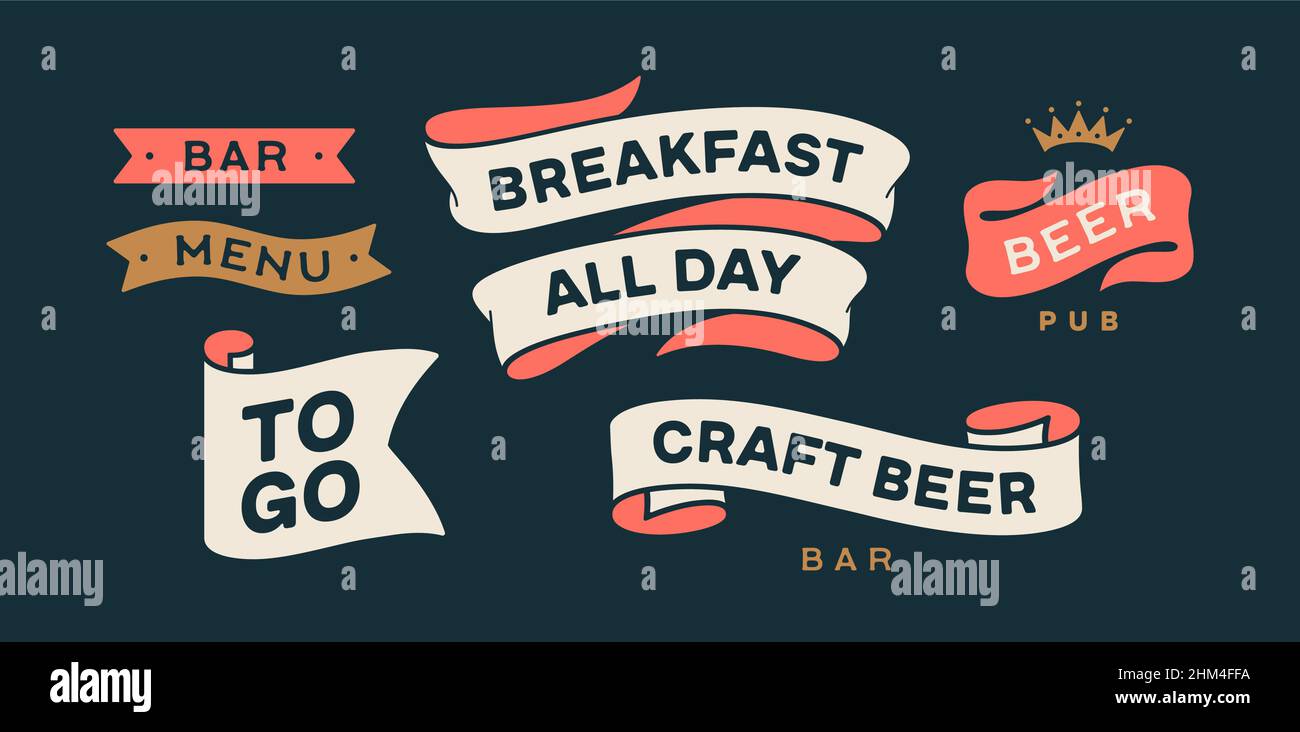 Vintage graphic set. Ribbon, flag, arrow, board with text Bar, Menu ...