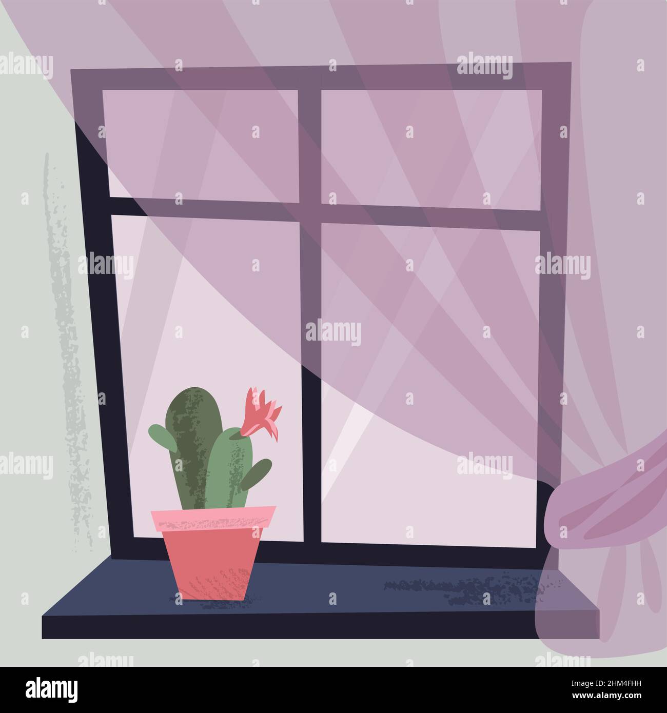 Window with cactus in pots on windowsill. Vector flat cartoon ...