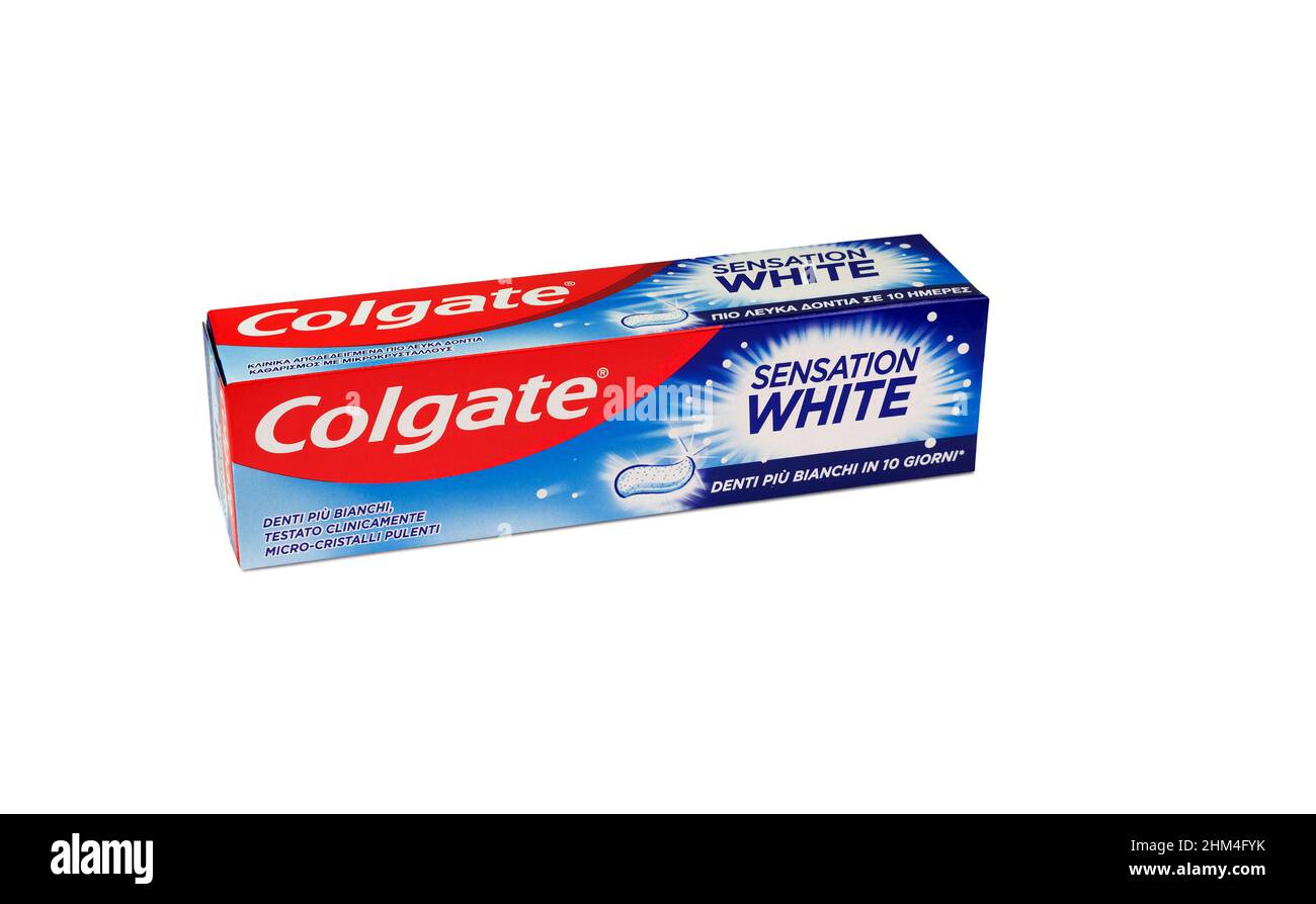 Italy - December 21, 2021:Box with toothpaste brand Colgate on a white ...