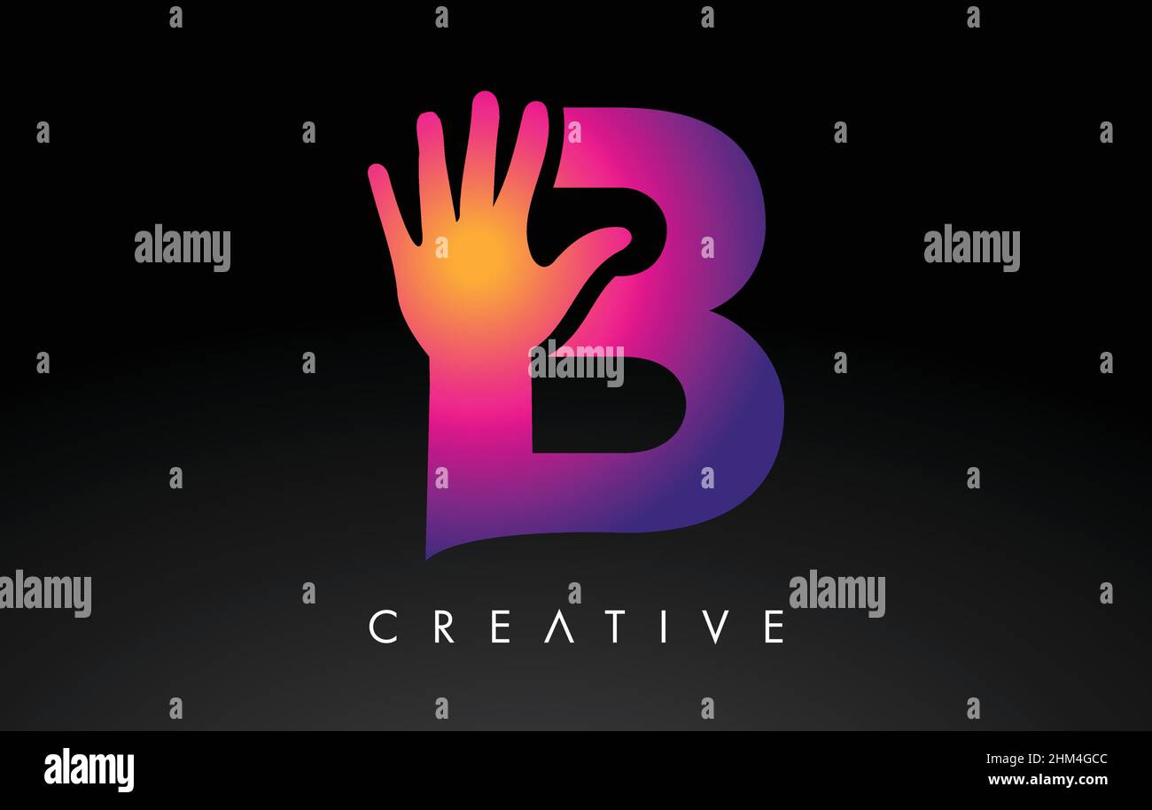 Purple Letter B Logo with Hand Vector Icon Illustration. Creative Hand ...