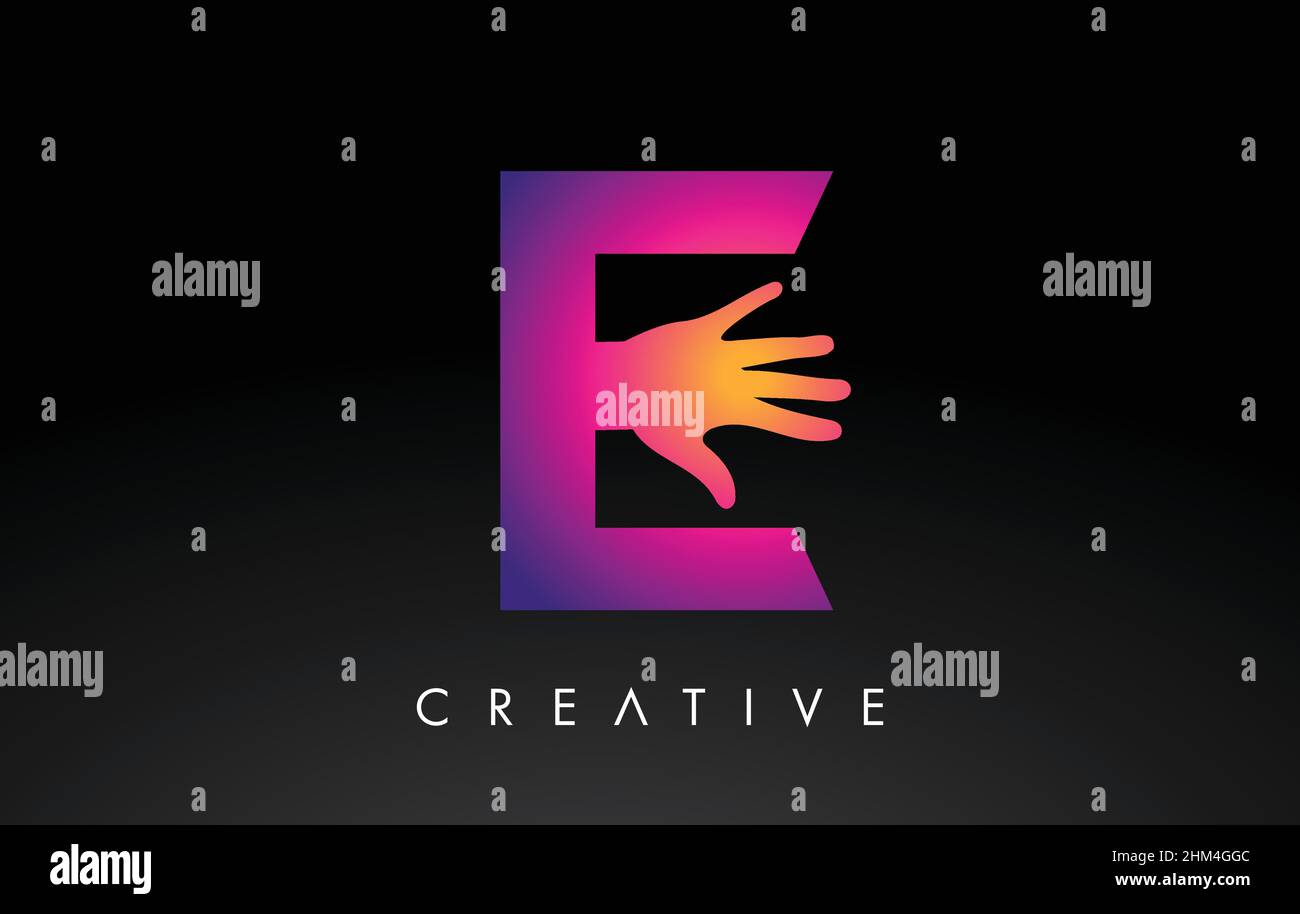 Purple Letter E Logo with Hand Vector Icon Illustration. Creative Hand ...