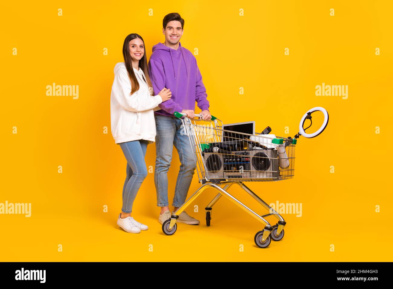 Full body portrait of handsome guy attractive lady trade old items ...