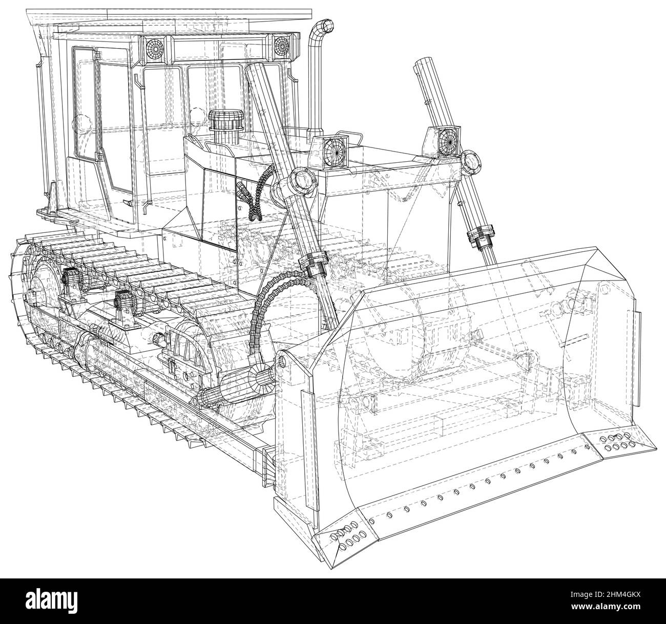 Bulldozer. Tractor drawn with wireframe lines on a white background ...