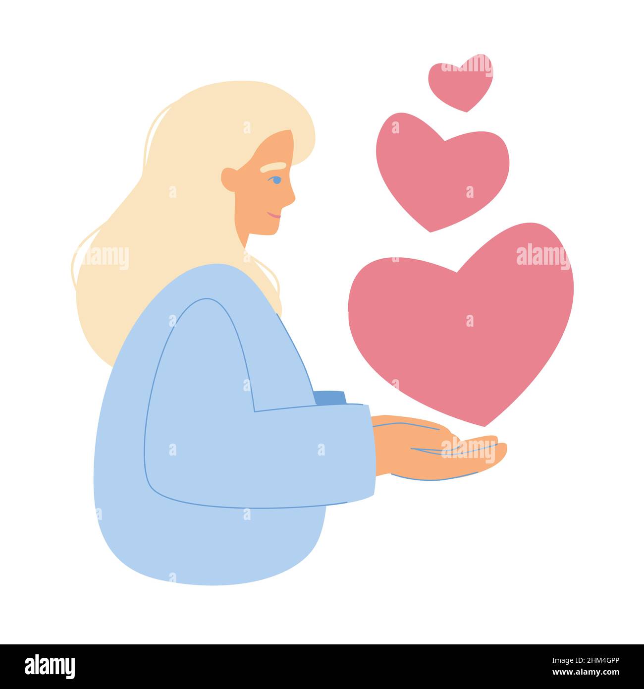 Happy girl sharing love, hearts in hands, mental health, self care and ...