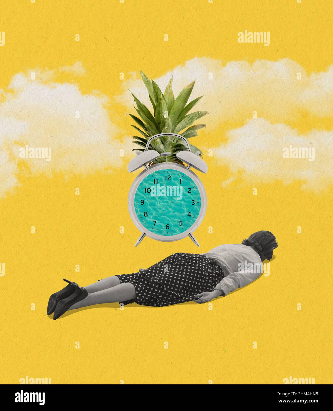 Contemporary art collage. Desperate woman lying face down near alarm ...