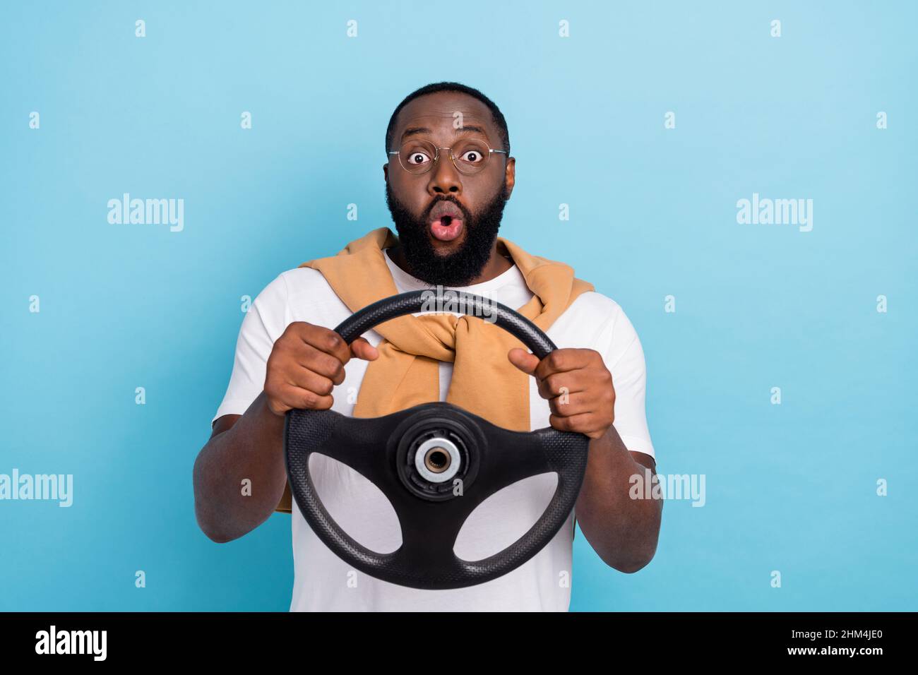 Photo of young amazed shocked guy riding fast speed practicing car ...
