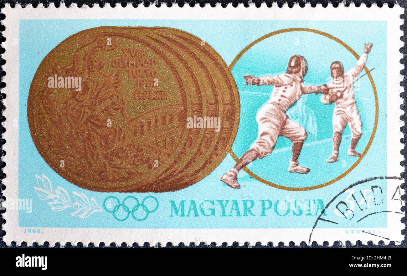 Cancelled postage stamp printed by Hungary, that shows Medal and ...