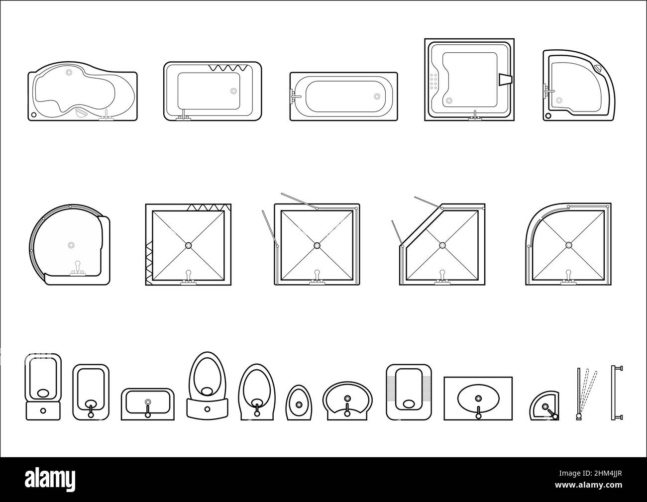 Set of icons for architectural plans. Plumbing from baths, sinks and ...