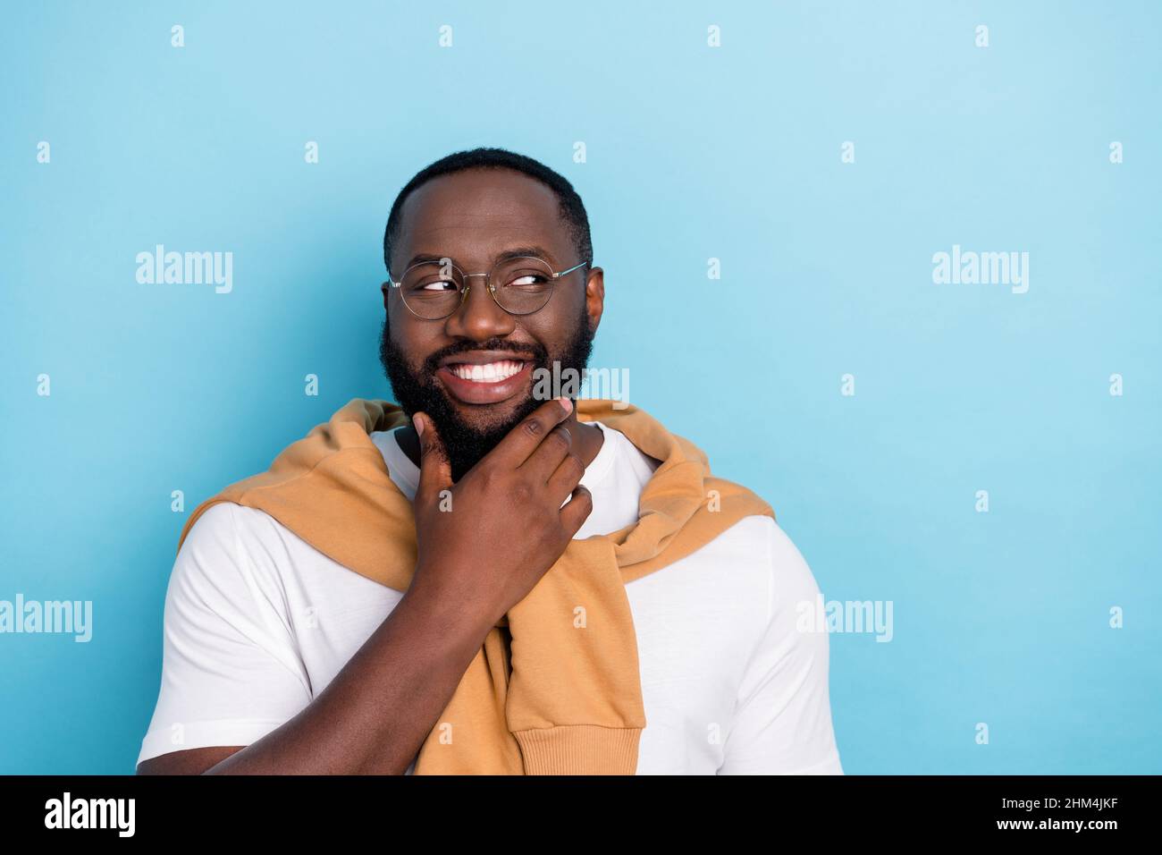 Portrait of young businessman handsome guy dreaming visualize success ...