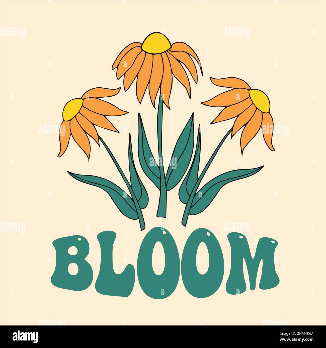 70s hippie Bloom slogan with floral daisy illustration. Perfect for T-shirt graphic, posters and ...